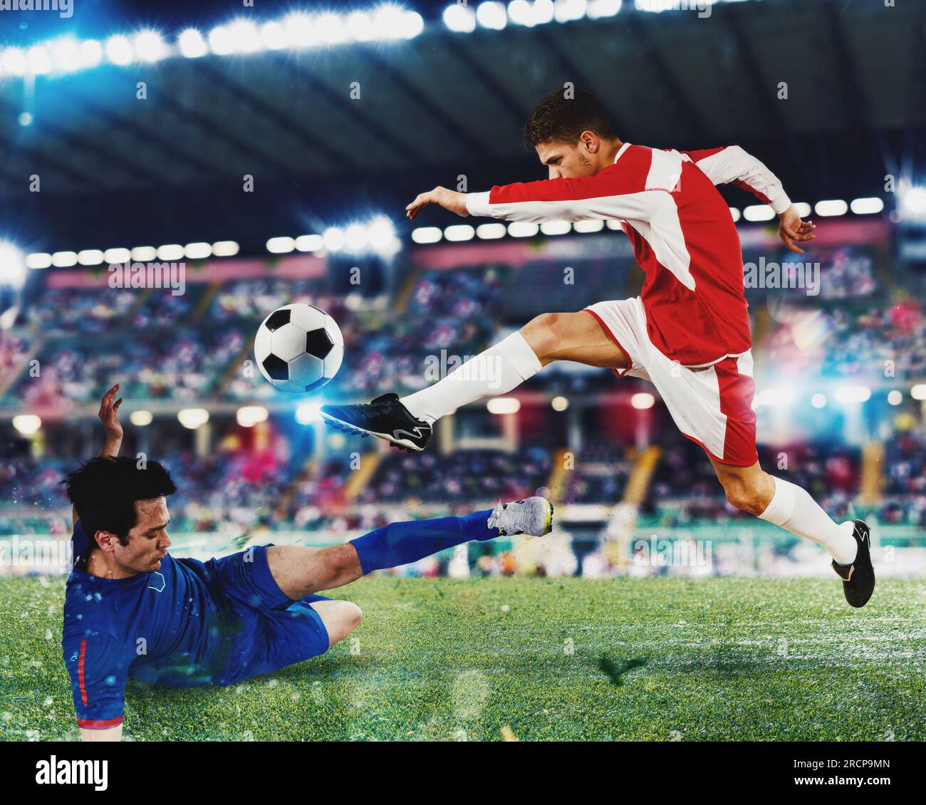 Football scene with competing soccer players at the stadium Stock Photo ...