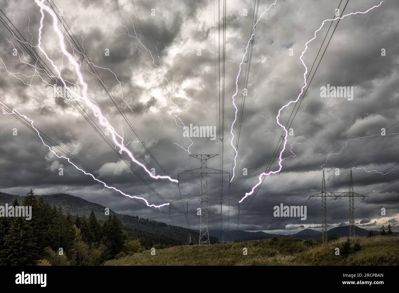 Dramatic clouds and Power Distribution Station with Lightning Striking ...