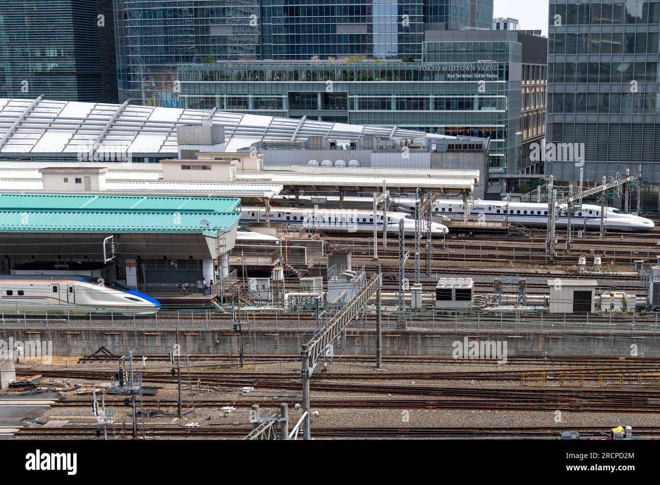 Tokyo, Japan-April 2023; High angle view over the train tracks of Tokyo ...
