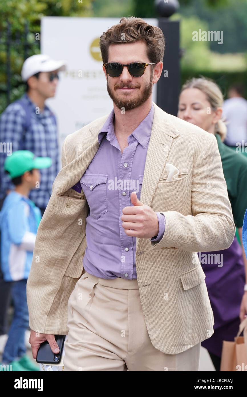 Andrew Garfield arrives on day fourteen of the 2023 Wimbledon ...