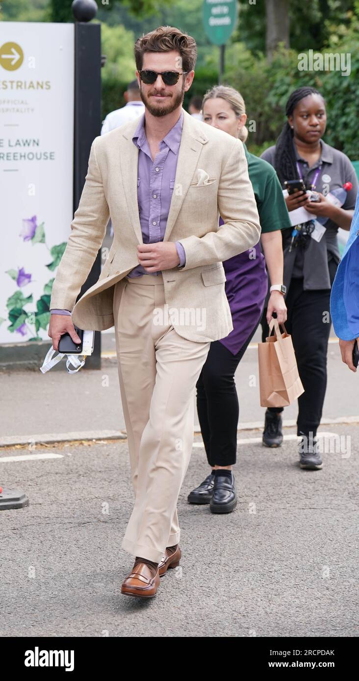 Andrew Garfield arrives on day fourteen of the 2023 Wimbledon ...