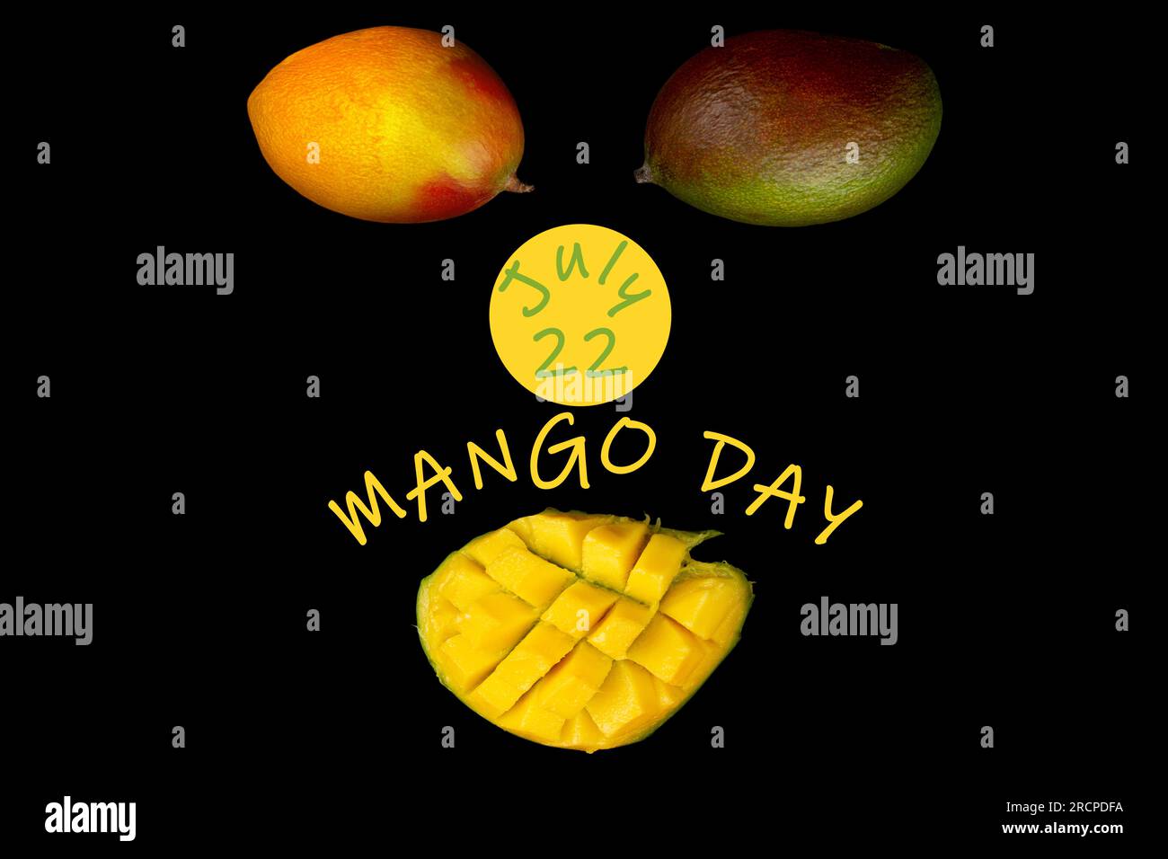 Two whole mangoes and one half of mango on black background with text ...