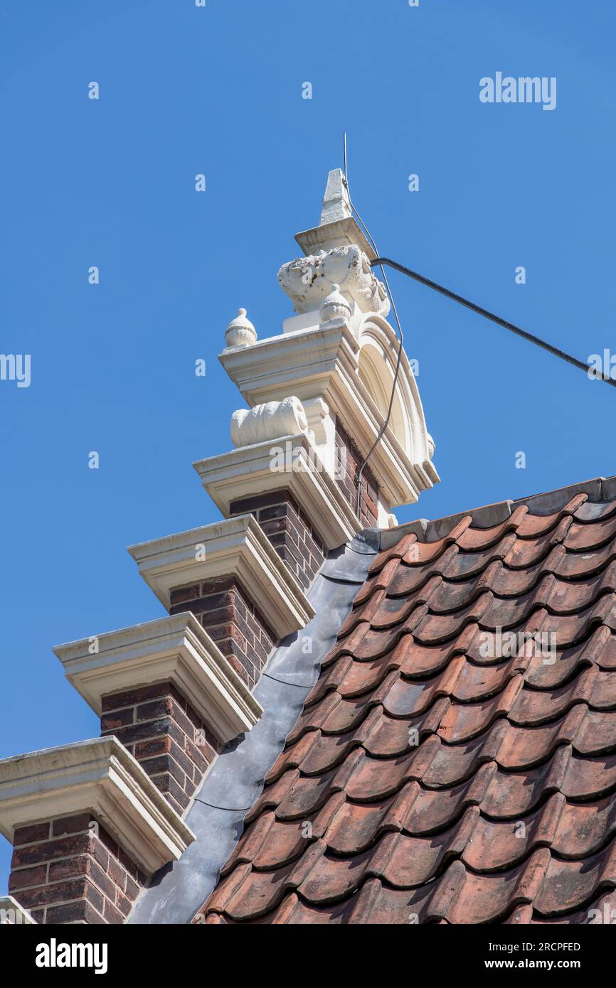 Low angle close up view of the roof and stepped gable of a typical ...