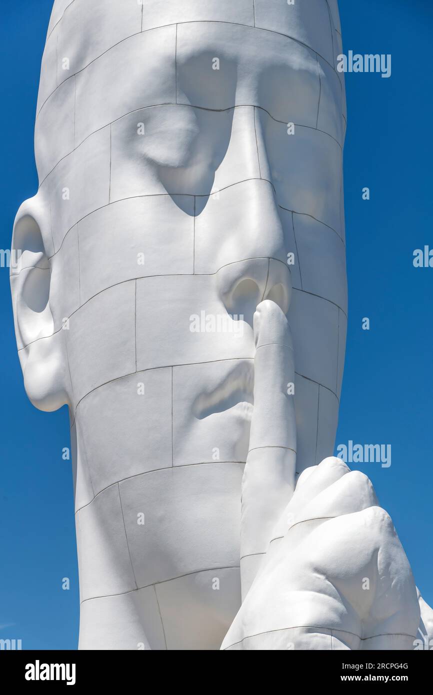 Jersey City, NY, USA-May 2022; Low angle front view of the sculpture ...