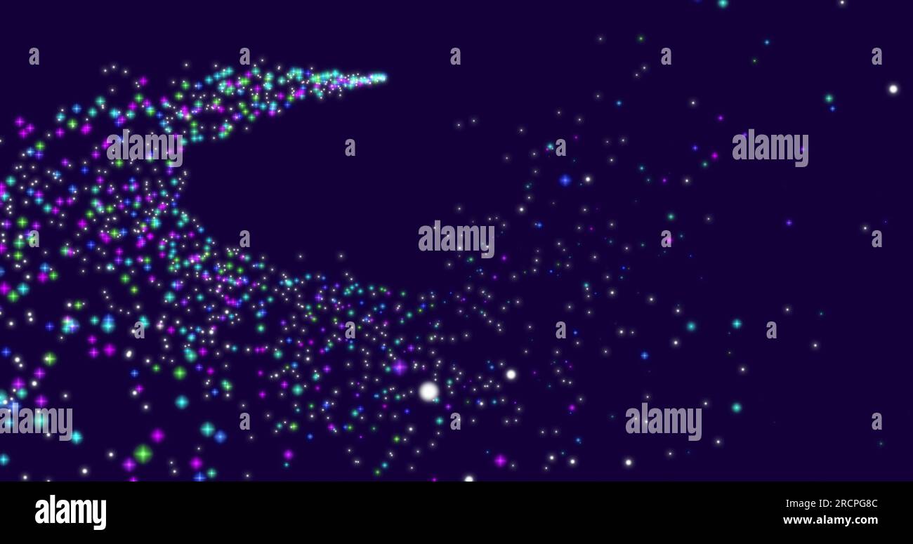 A trail of flying multi-colored sparkling particles moving along a ...