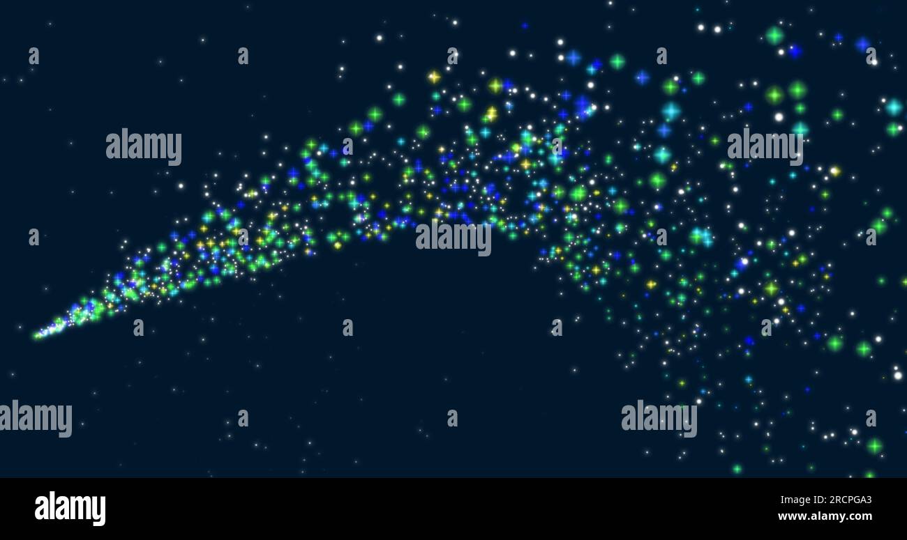 A trail of flying multi-colored sparkling particles moving along a ...