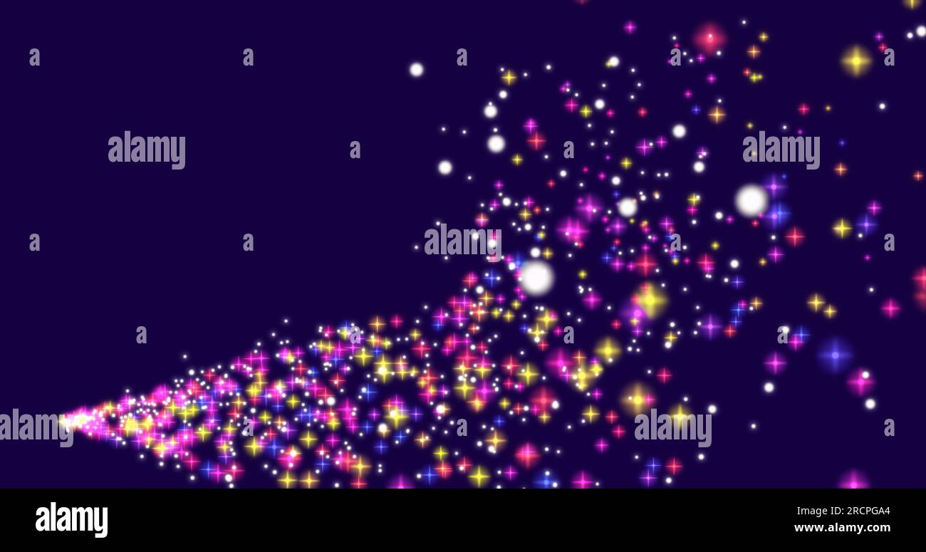 A trail of flying multi-colored sparkling particles moving along a ...
