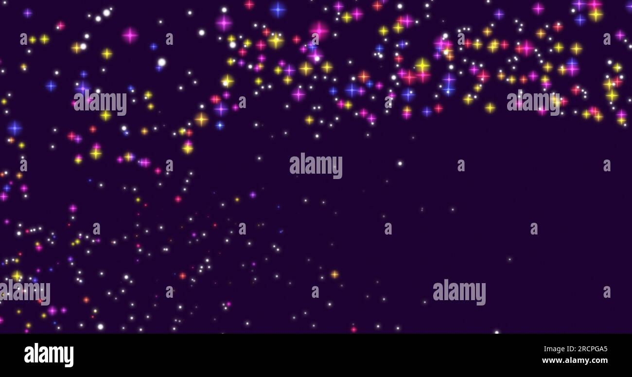 A trail of flying multi-colored sparkling particles moving along a ...
