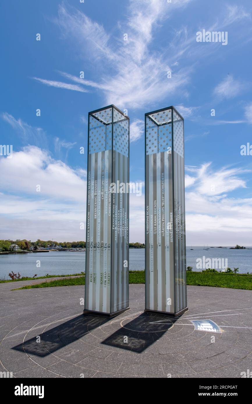Greenwich, CT, USA-May 2022; Low angle view of two glass towers of the ...