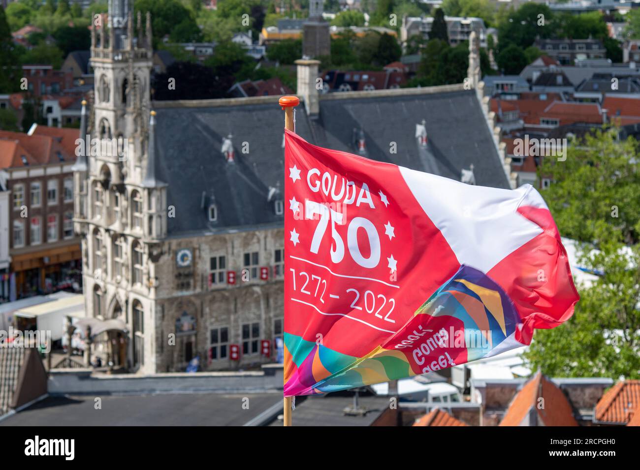 Gouda, The Netherlands-June 2022; Close up view of flag with design and ...