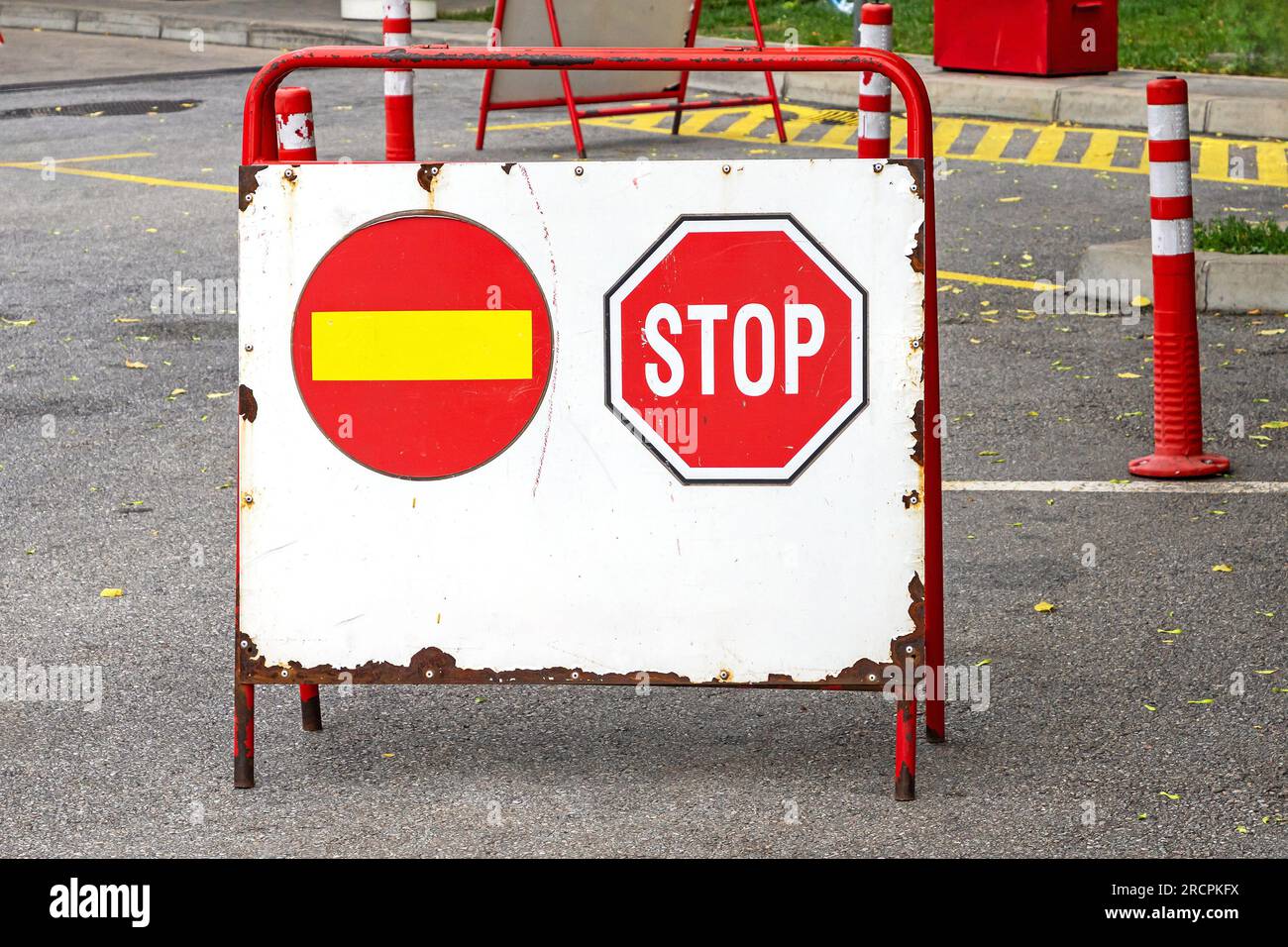 Stop and forbidden entrance traffic signs on gas station outdoors Stock ...