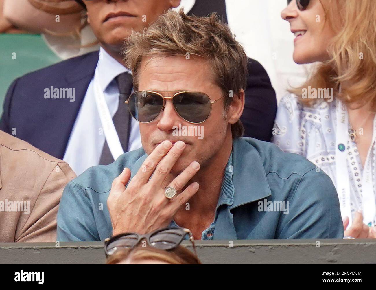 Brad Pitt watching the Gentlemen's Singles final on day fourteen of the ...