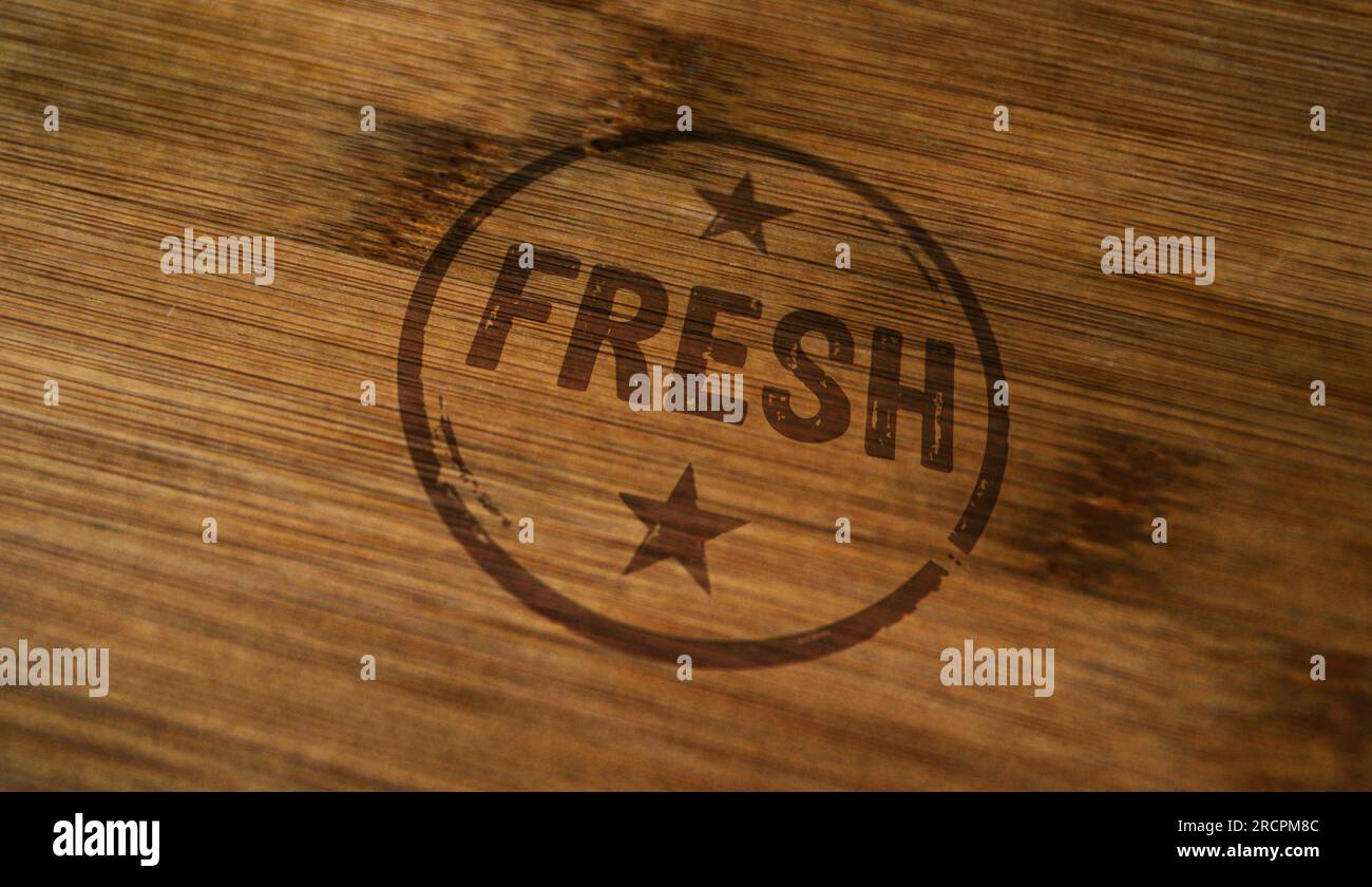 Fresh stamp printed on wooden box. Eco natural and organic product ...