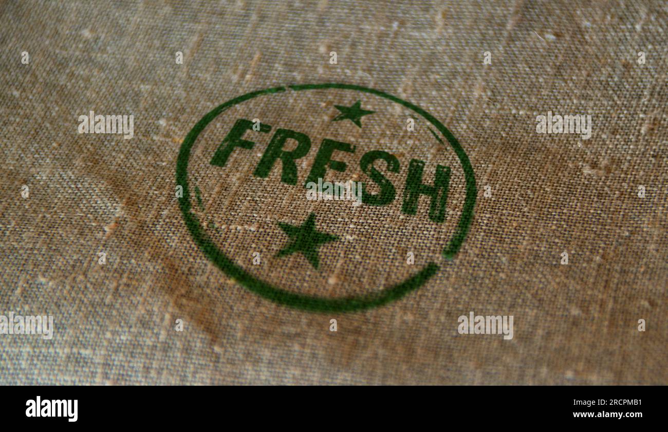 Fresh stamp printed on linen sack. Eco natural and organic product ...