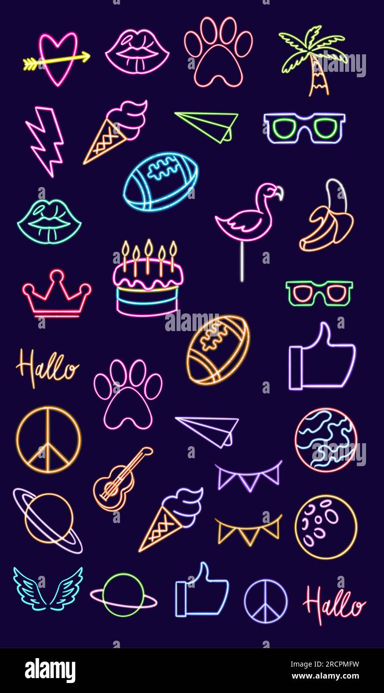 glowing desktop icon summer, neon sticker set, neon figure, glowing ...