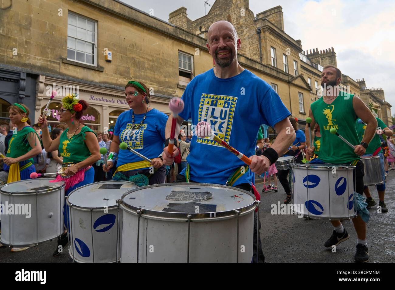 Music and dance group parade in ornate costumes at the annual carnival ...