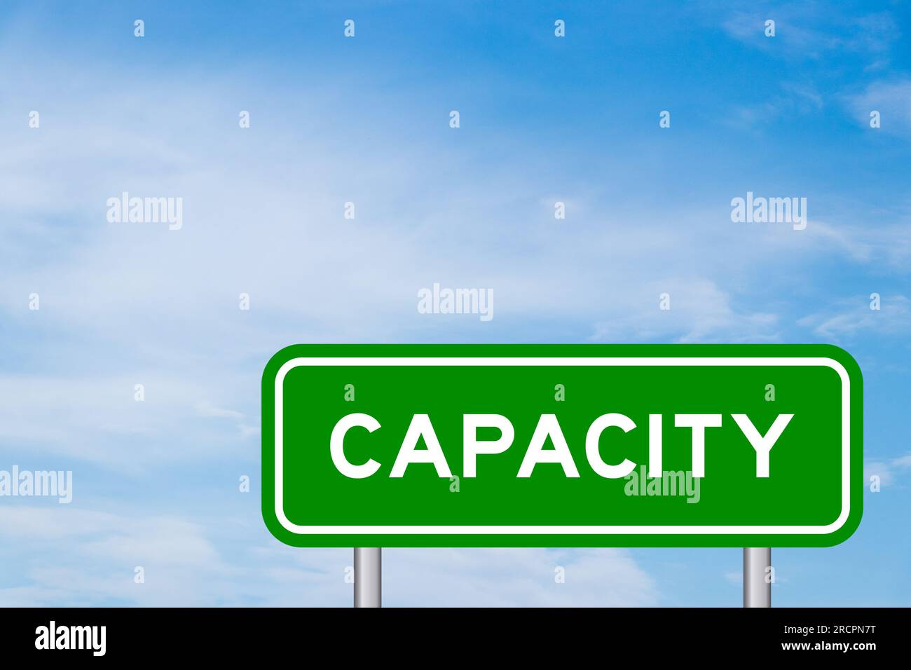 Green color transportation sign with word capacity on blue sky with ...