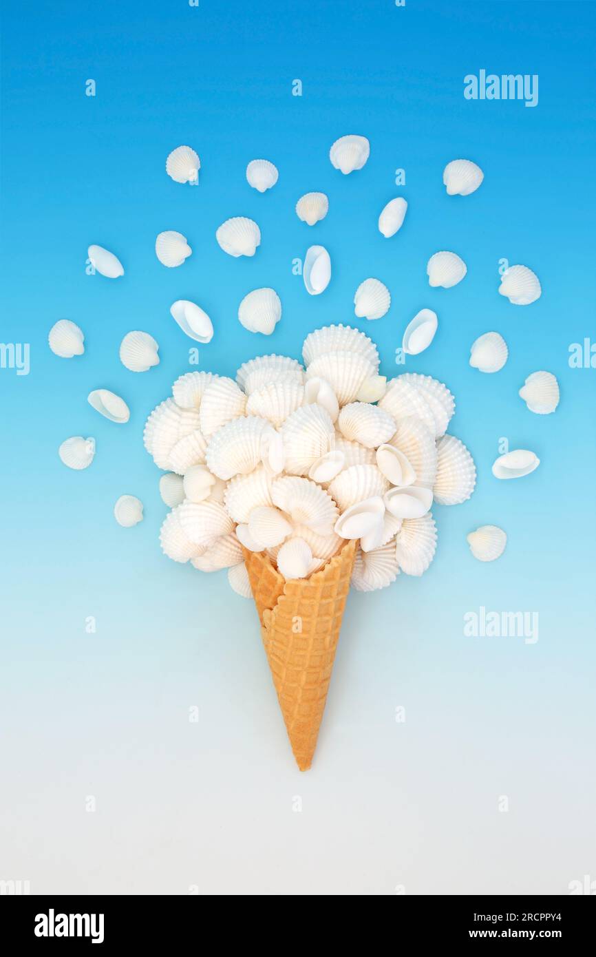Surreal summer seashell ice cream cone design on gradient blue white ...