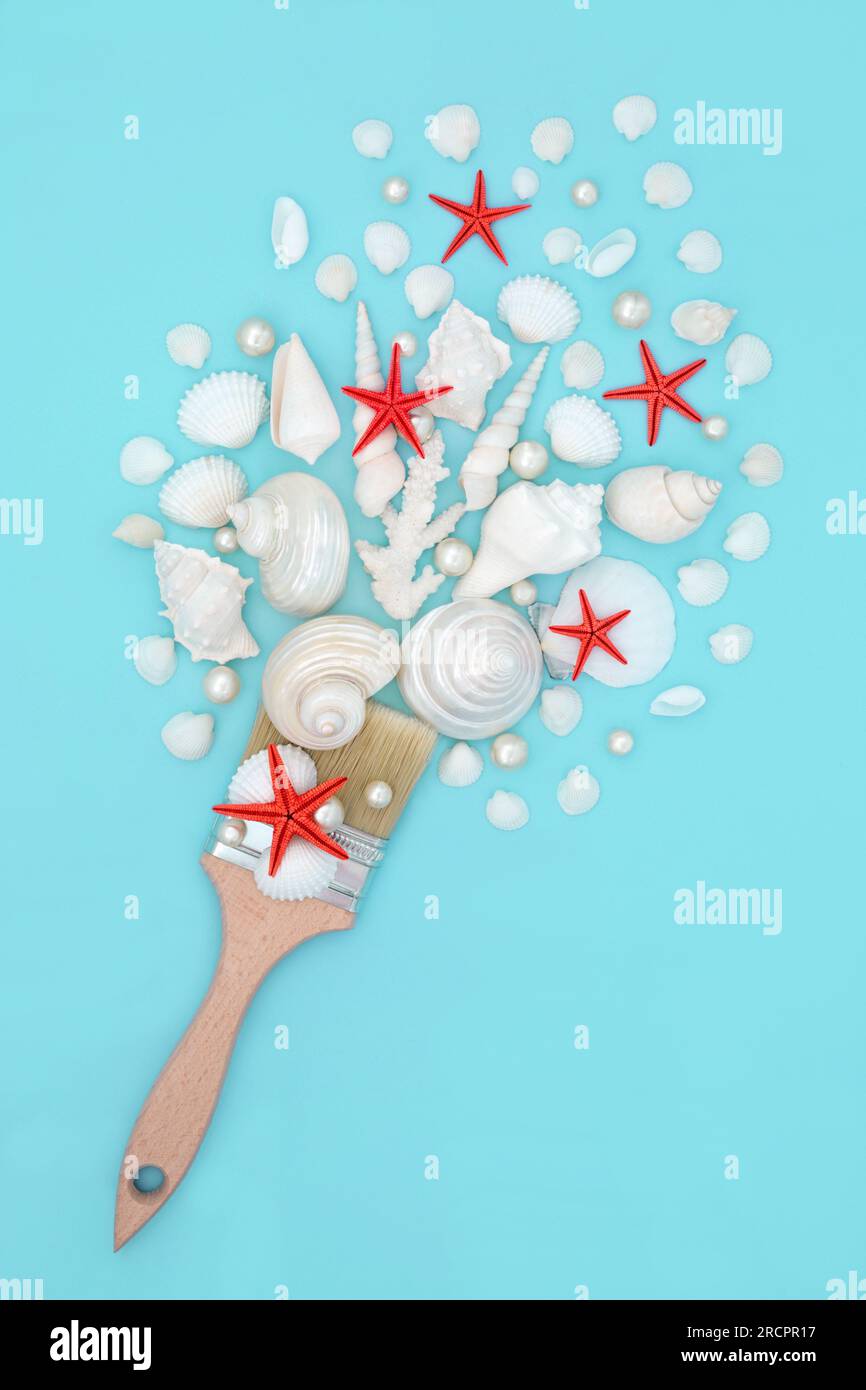 Painting with seashells, pearls and red starfish. Surreal art ...