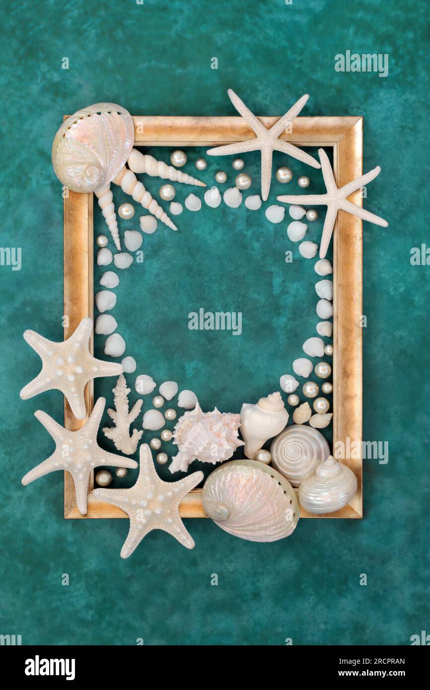 Seashell and pearl abstract border with white shells on mottled ...