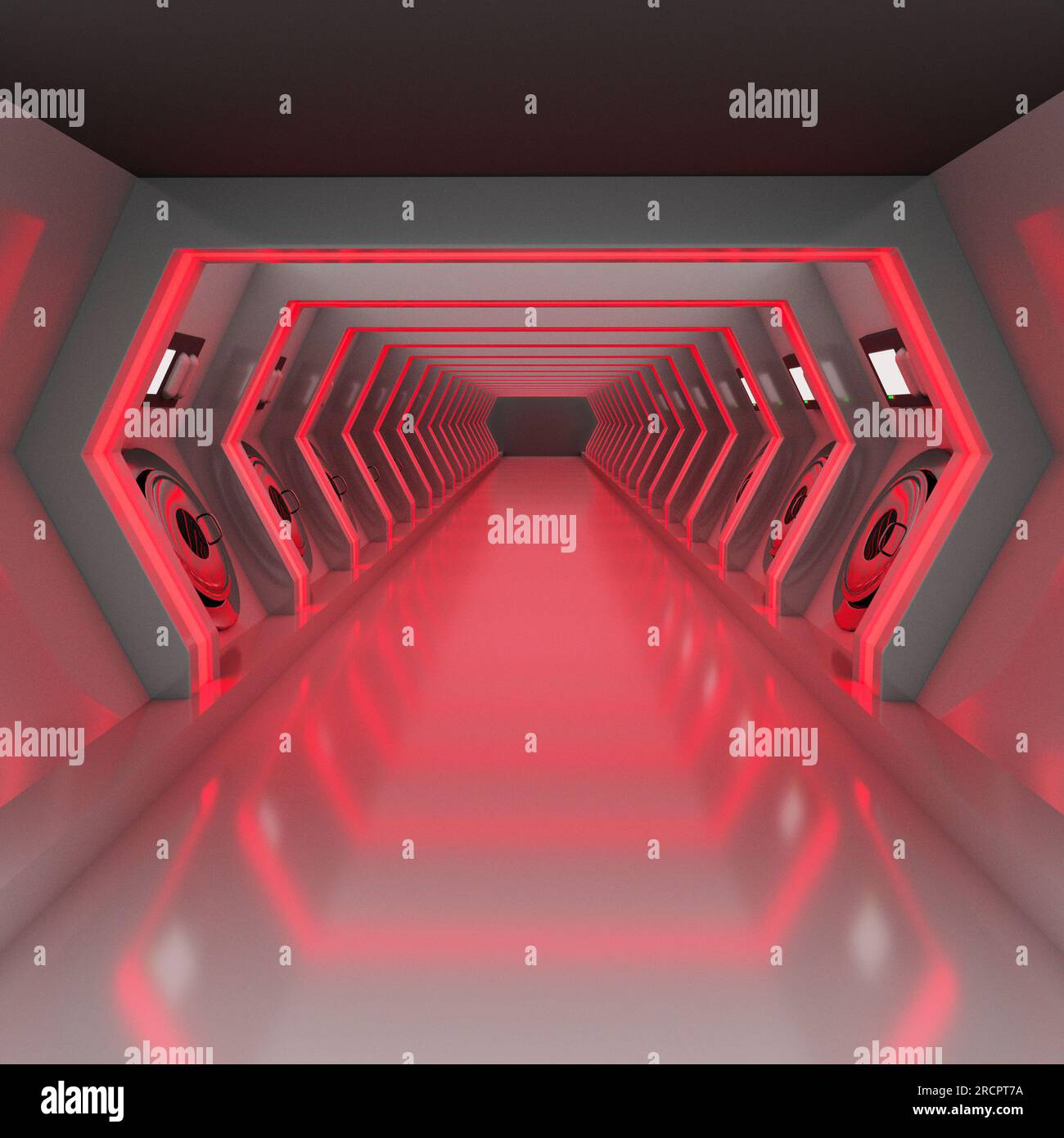 Long corridor with escape pod hatches lit in red light Stock Photo - Alamy
