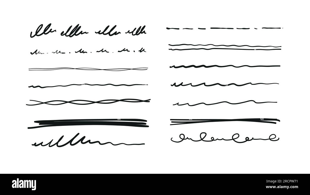 Set of straight, wavy and broken line doodles in pen, pencil underline ...