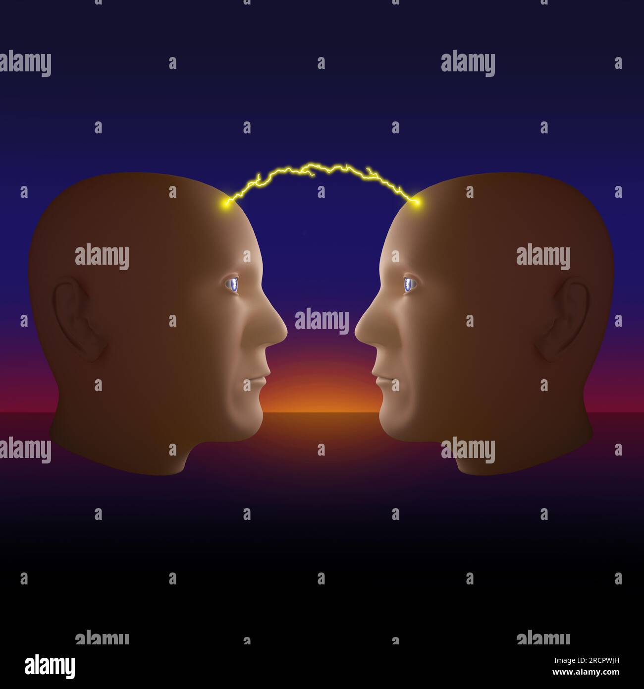 Two 3D-modeled heads face-to-face in an abstract space with lightning ...