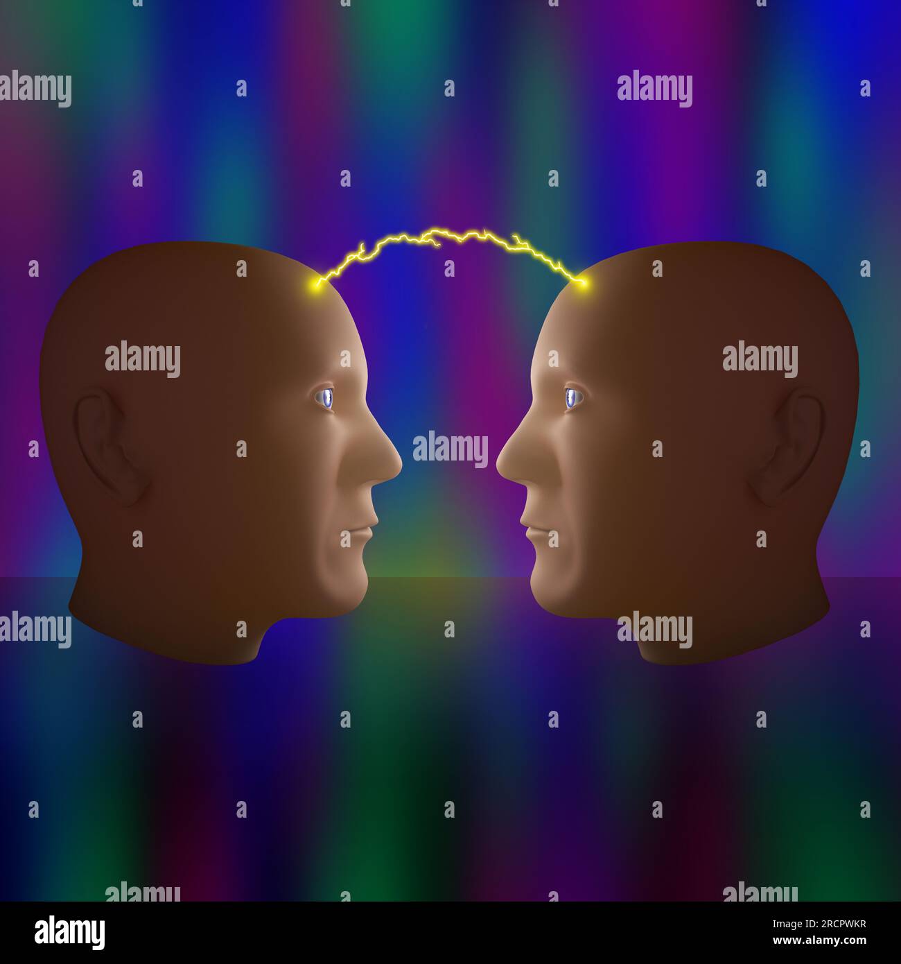 Two 3D-modeled heads face-to-face in an abstract space with lightning ...