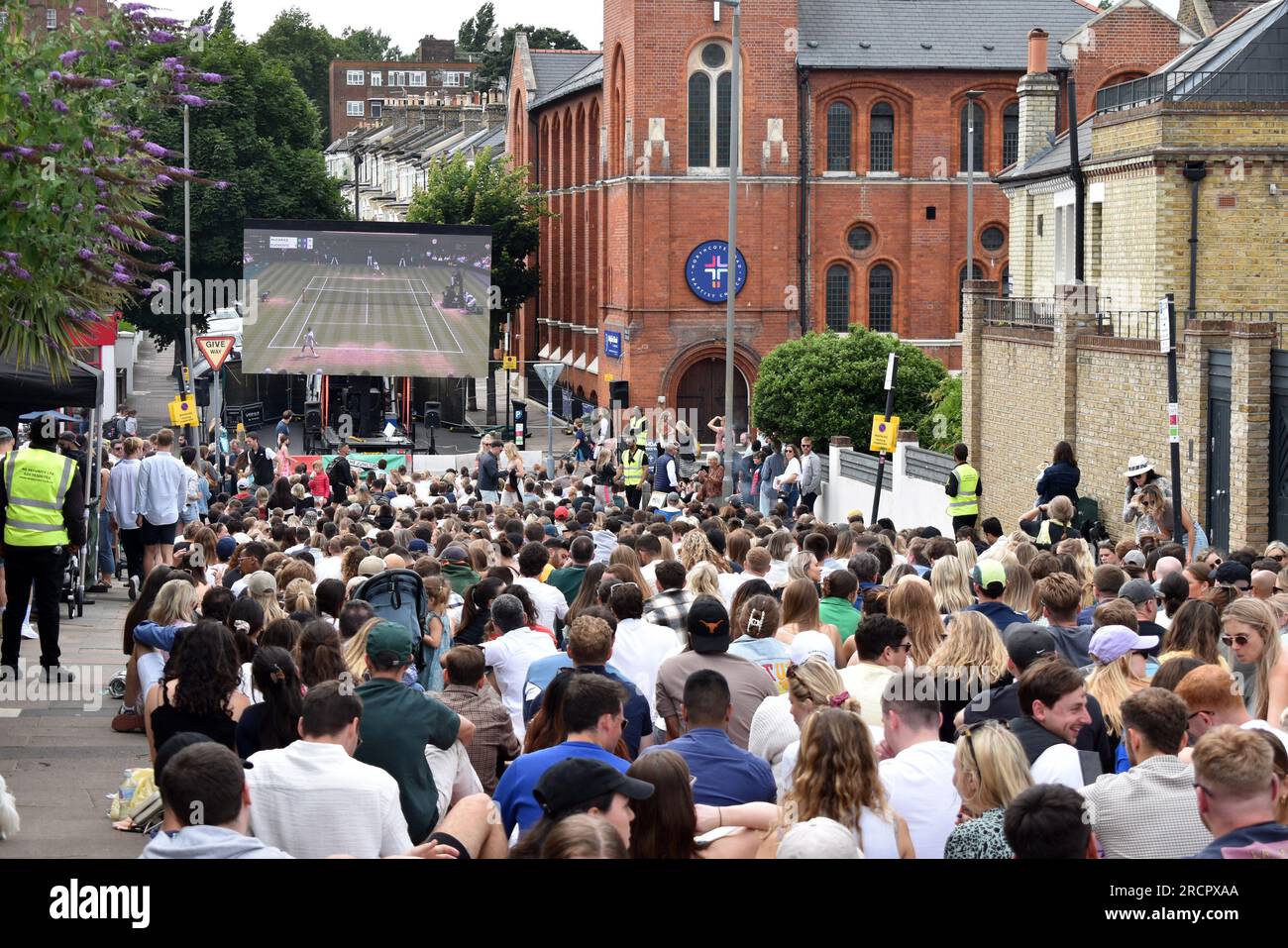 London, UK, 16 July 2023 Northcote road SW11 Battersea closed and crowd ...