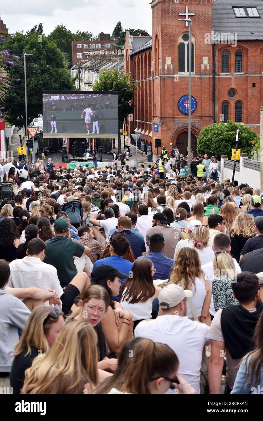 London, UK, 16 July 2023 Northcote road SW11 Battersea closed and crowd ...