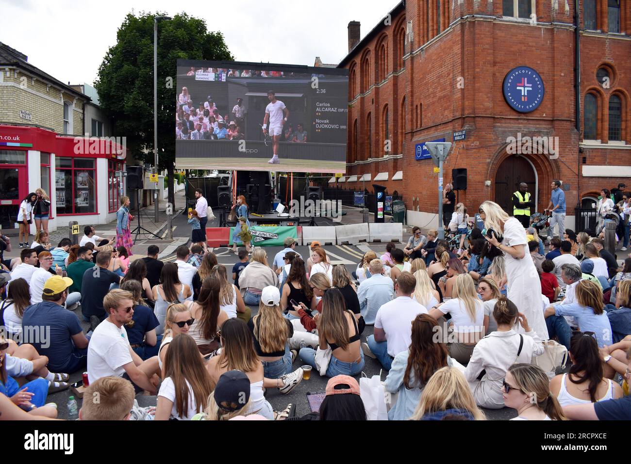 London, UK, 16 July 2023 Northcote road SW11 Battersea closed and crowd ...