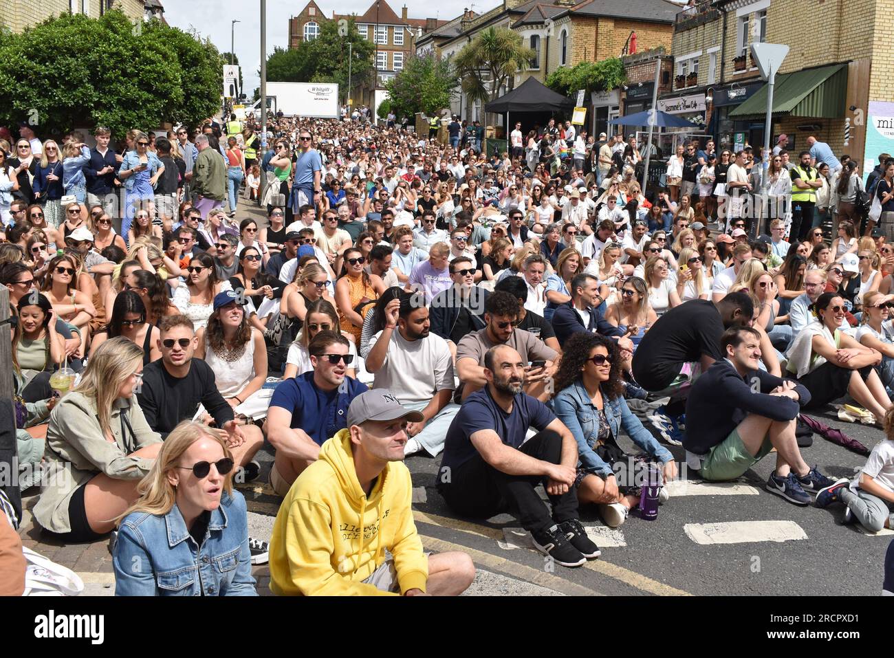 London, UK, 16 July 2023 Northcote road SW11 Battersea closed and crowd ...