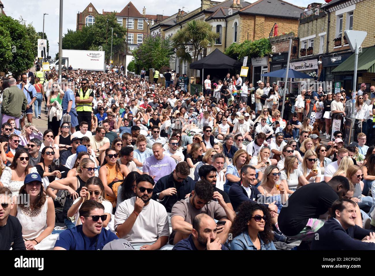 London, UK, 16 July 2023 Northcote road SW11 Battersea closed and crowd ...