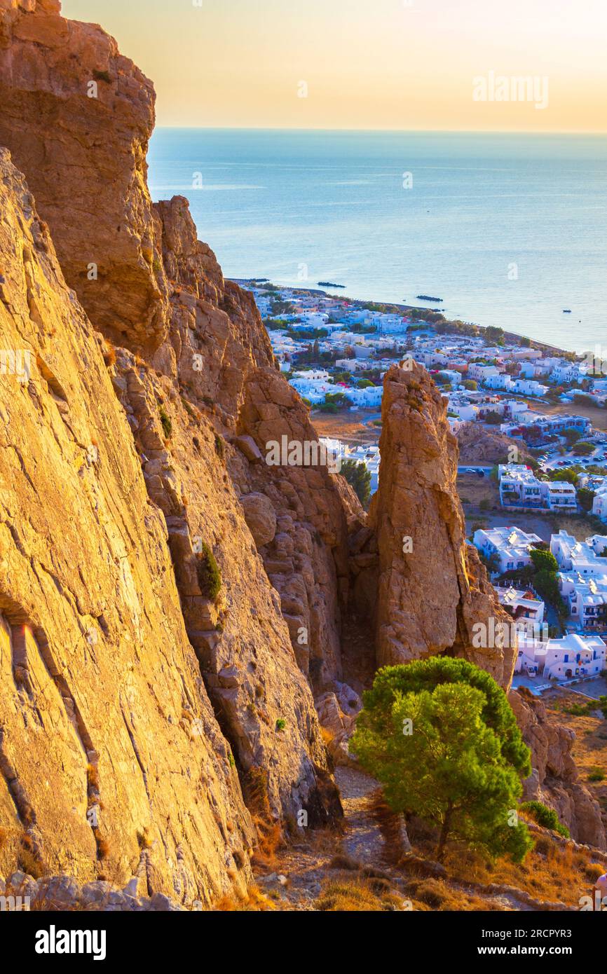 Rugged landscape of Mesa Vouno mountain at Santorini east coast and ...