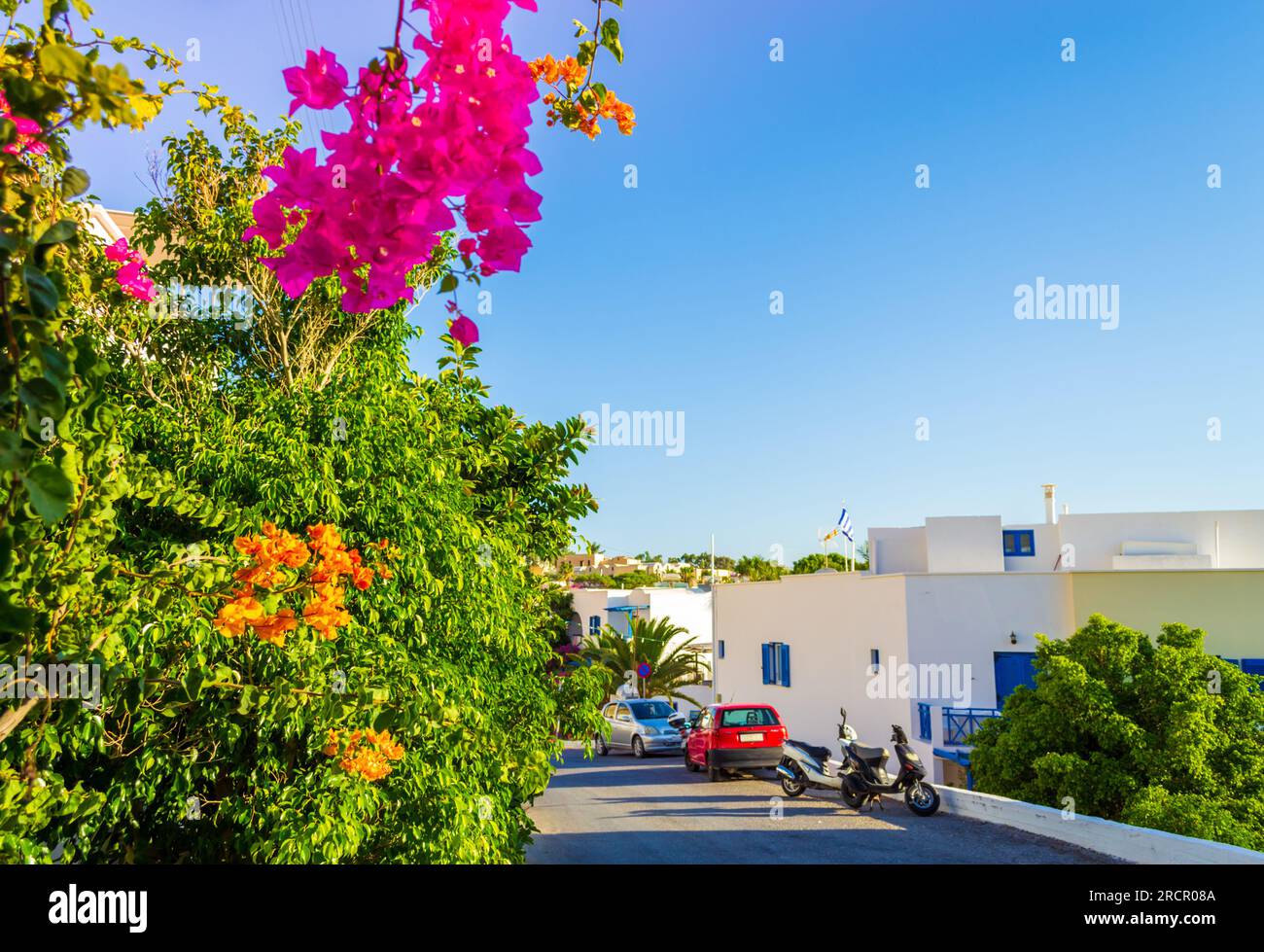 :Early morning street view of Kamari-village and resort on the east ...