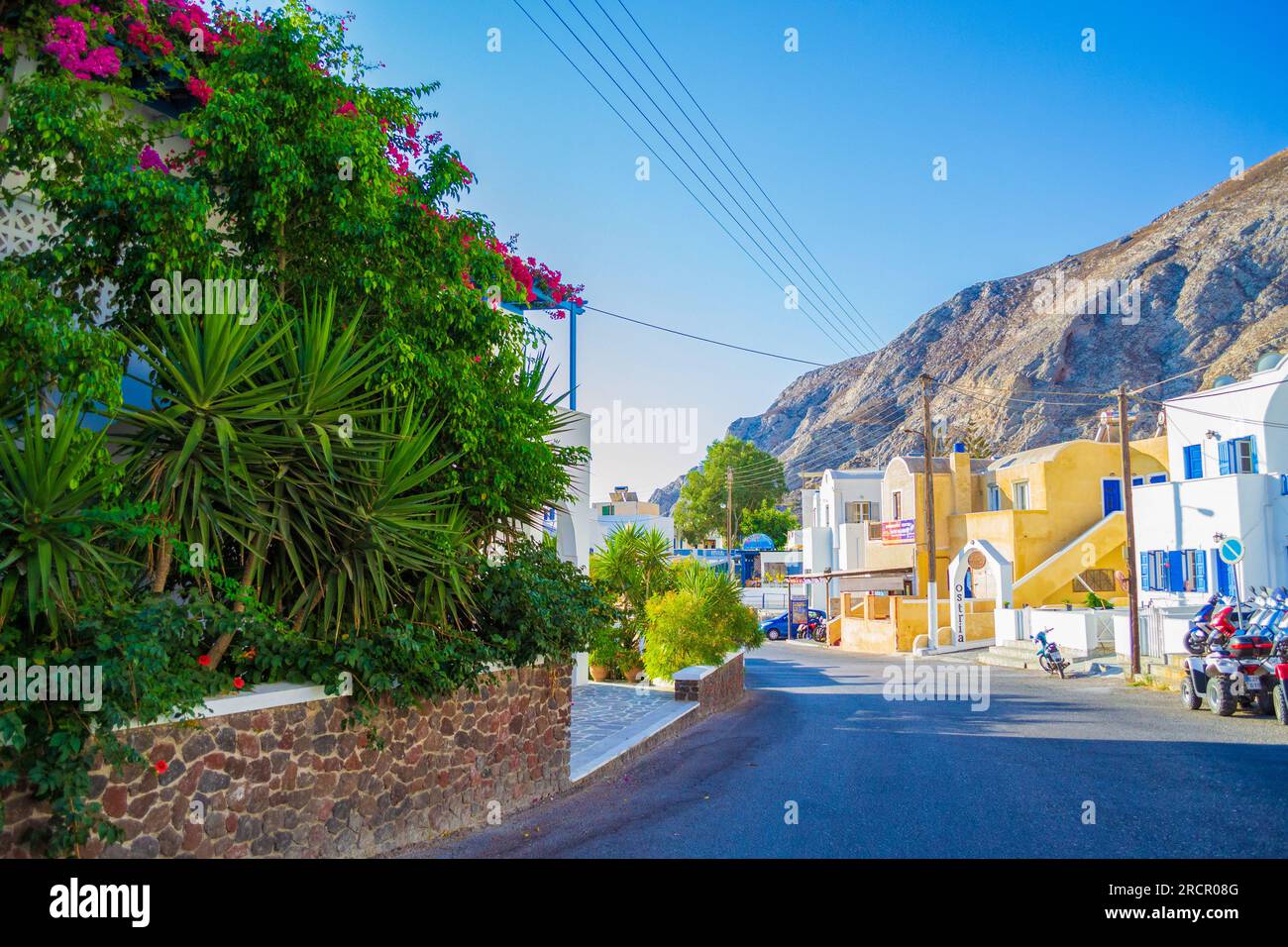 :Early morning street view of Kamari-village and resort on the east ...