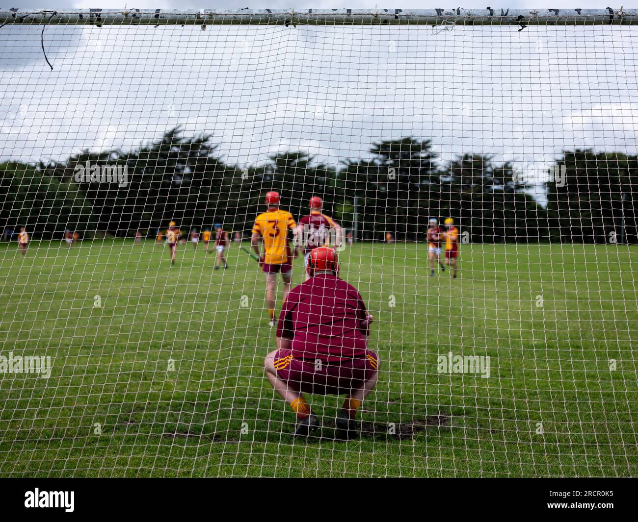 A goalkeeper guarding the net in a hurling match in Dublin city ...