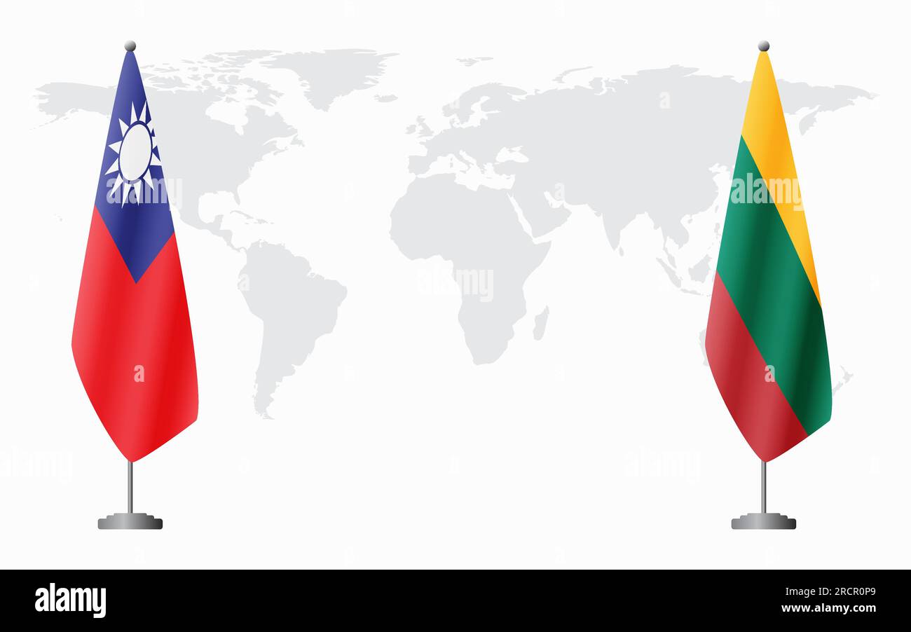 Taiwan and Lithuania flags for official meeting against background of ...