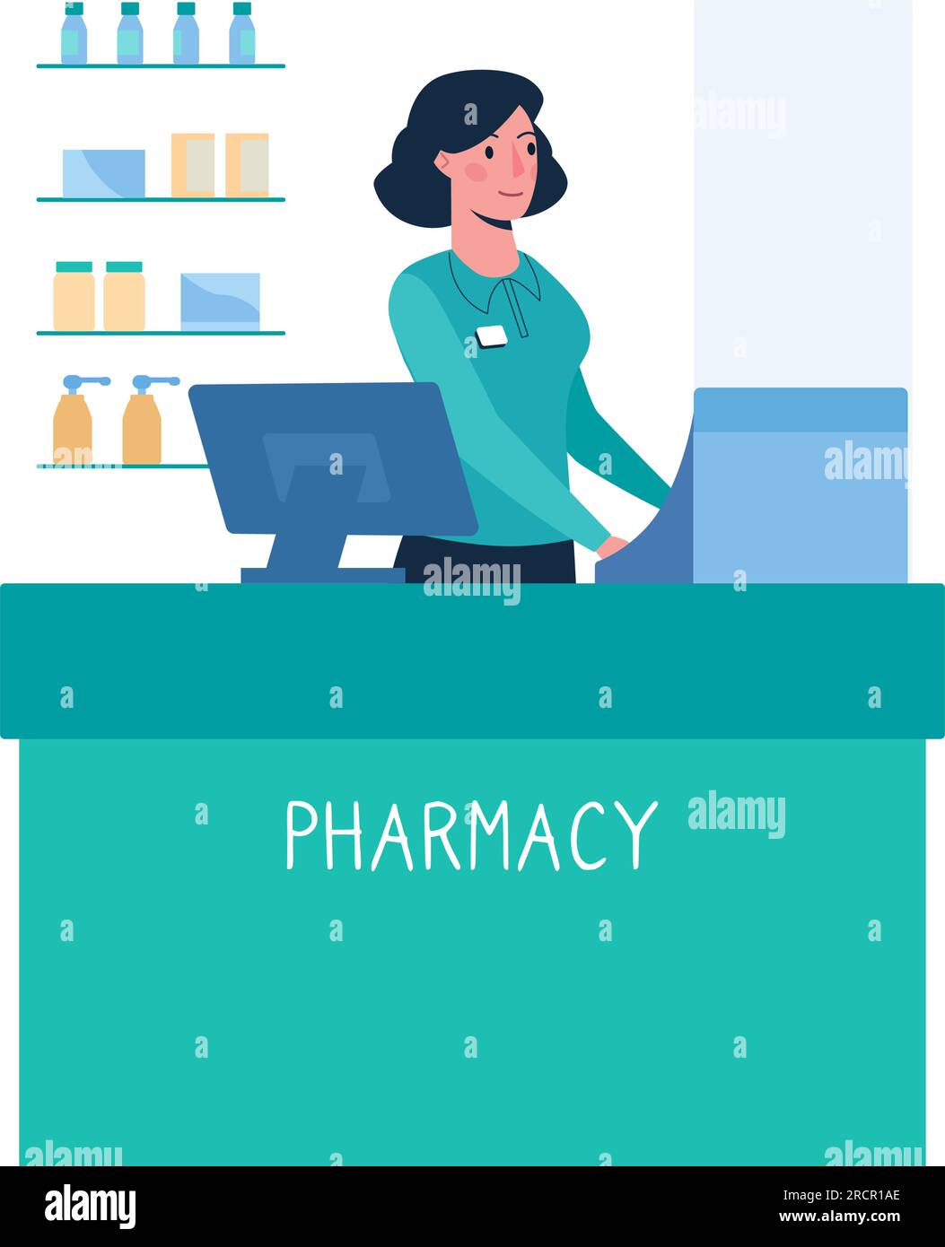 Girl in uniform sells pills in a pharmacy. Woman cashier stands behind ...