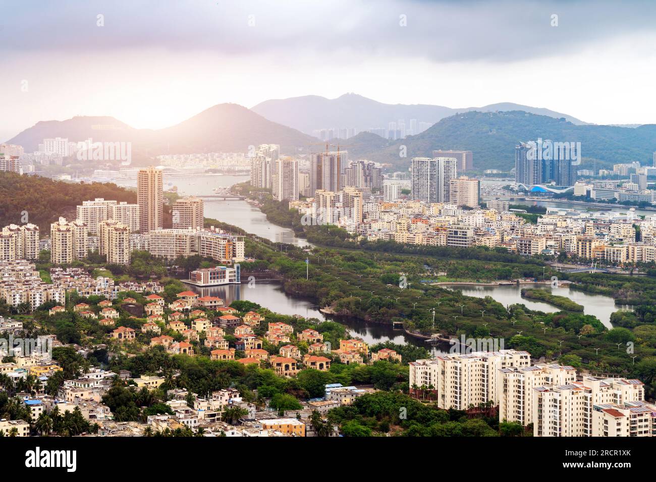 Aerial view of the coastal city of Sanya on China's Hainan Island Stock ...