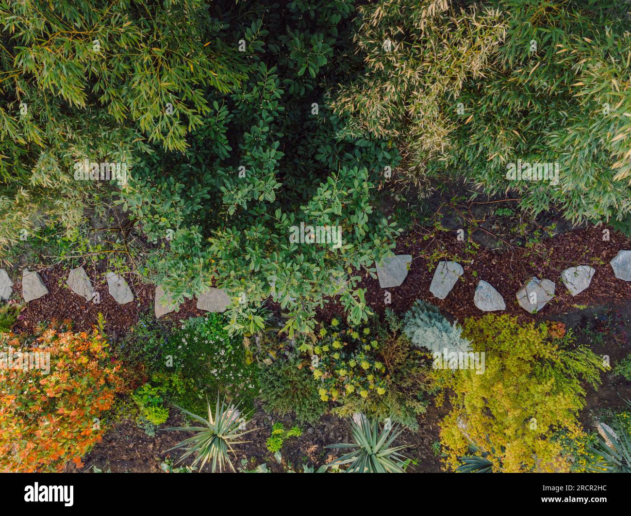 Landscape design with flower beds and path, natural landscaping in home ...