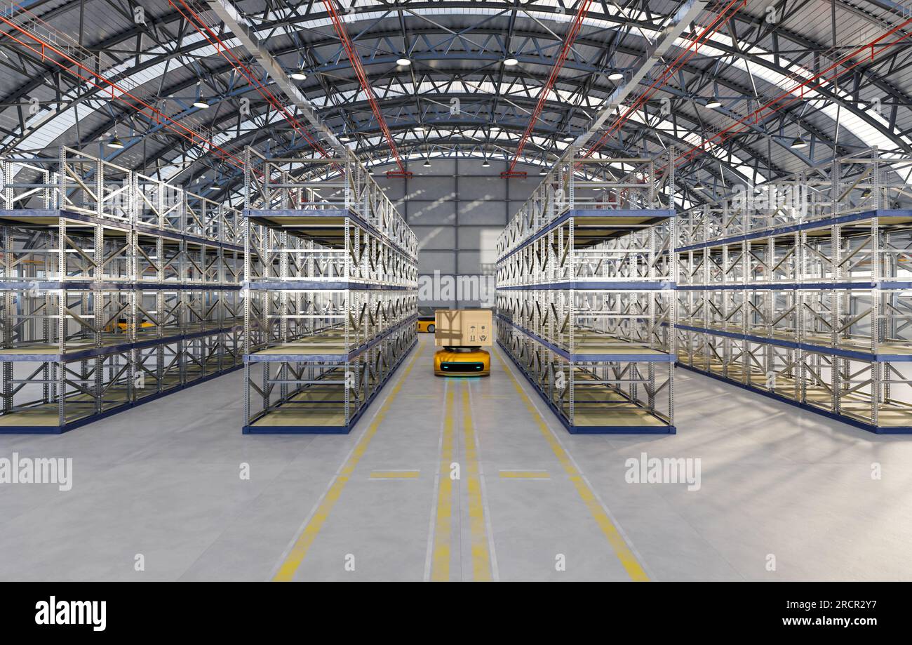 Automated machine transferring box in warehouse, 3D illustration ...