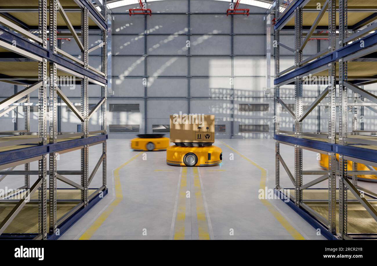 Automated machine transferring box in warehouse, 3D illustration ...