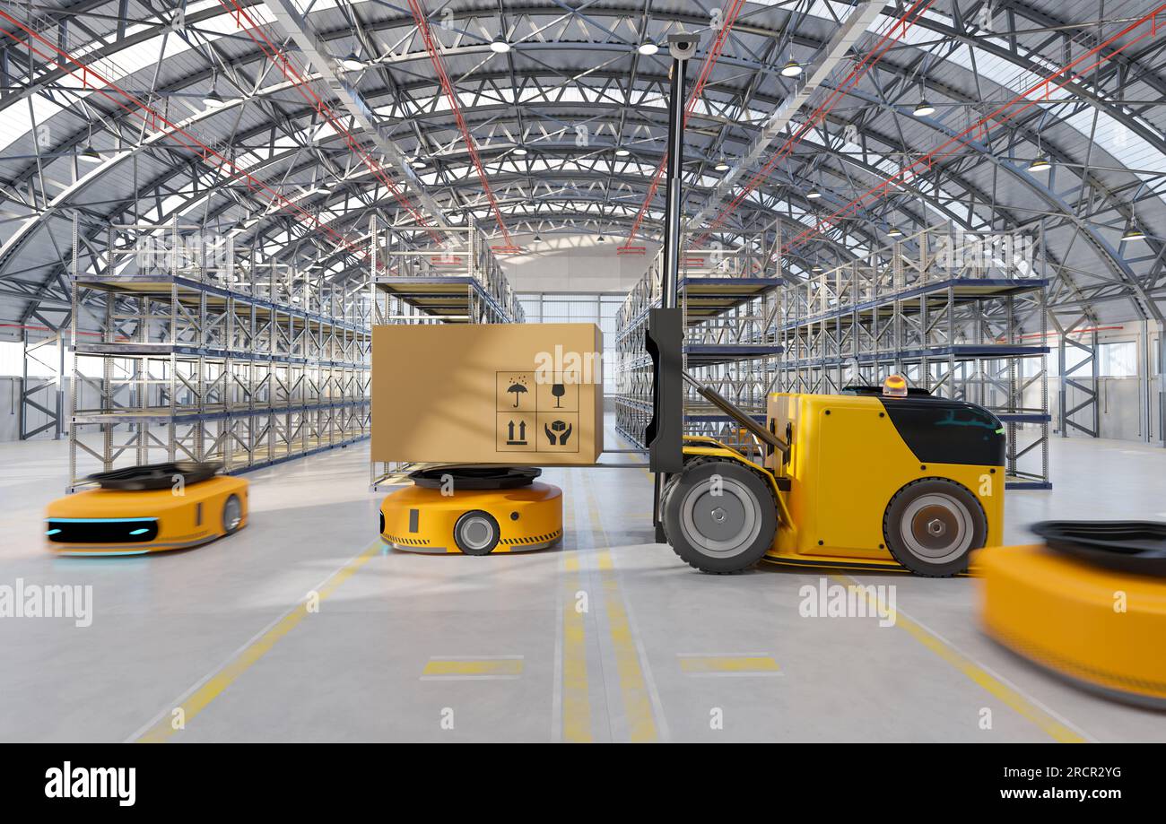 Automatic folk lift machine holding box and put the box on AGV machine ...