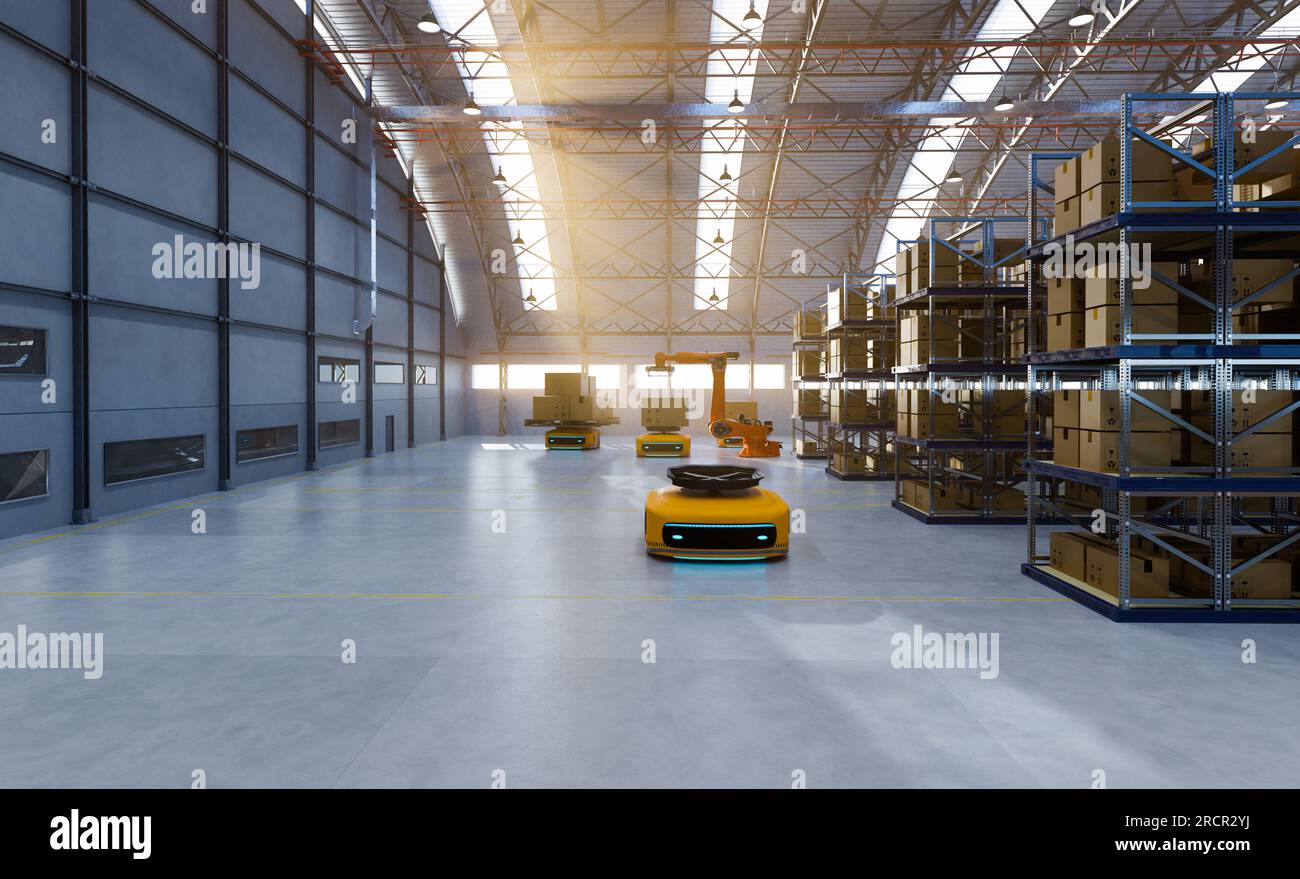 Automated machine transferring box in warehouse, 3D illustration ...