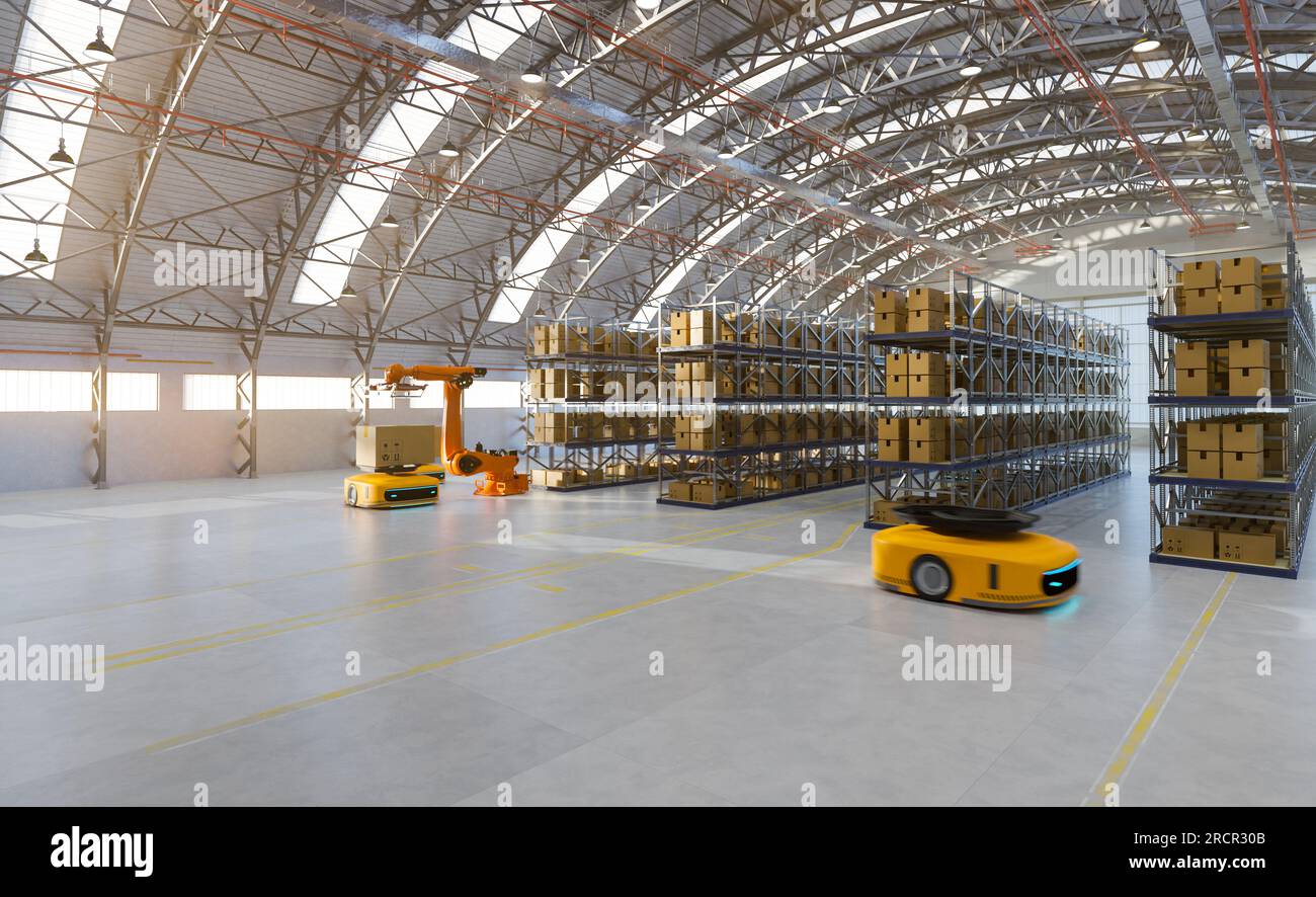 Automated machine transferring box in warehouse, 3D illustration ...