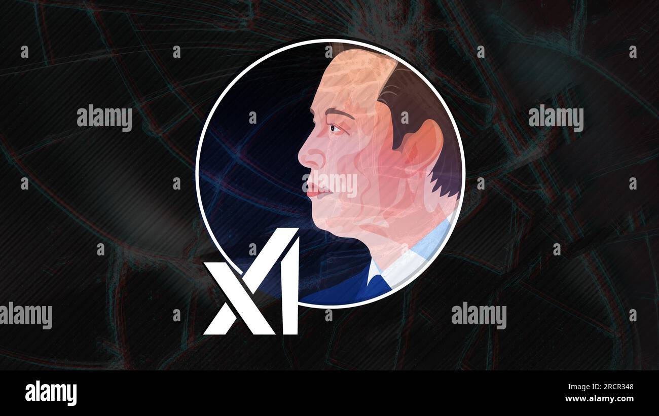 Elon Musk founded xAI. Elon Musk portrait and xAI inscription. July 12 ...