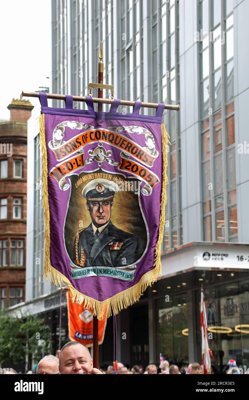 Sons of Conquerors banner at the 333rd Orange Parade in Belfast Stock ...