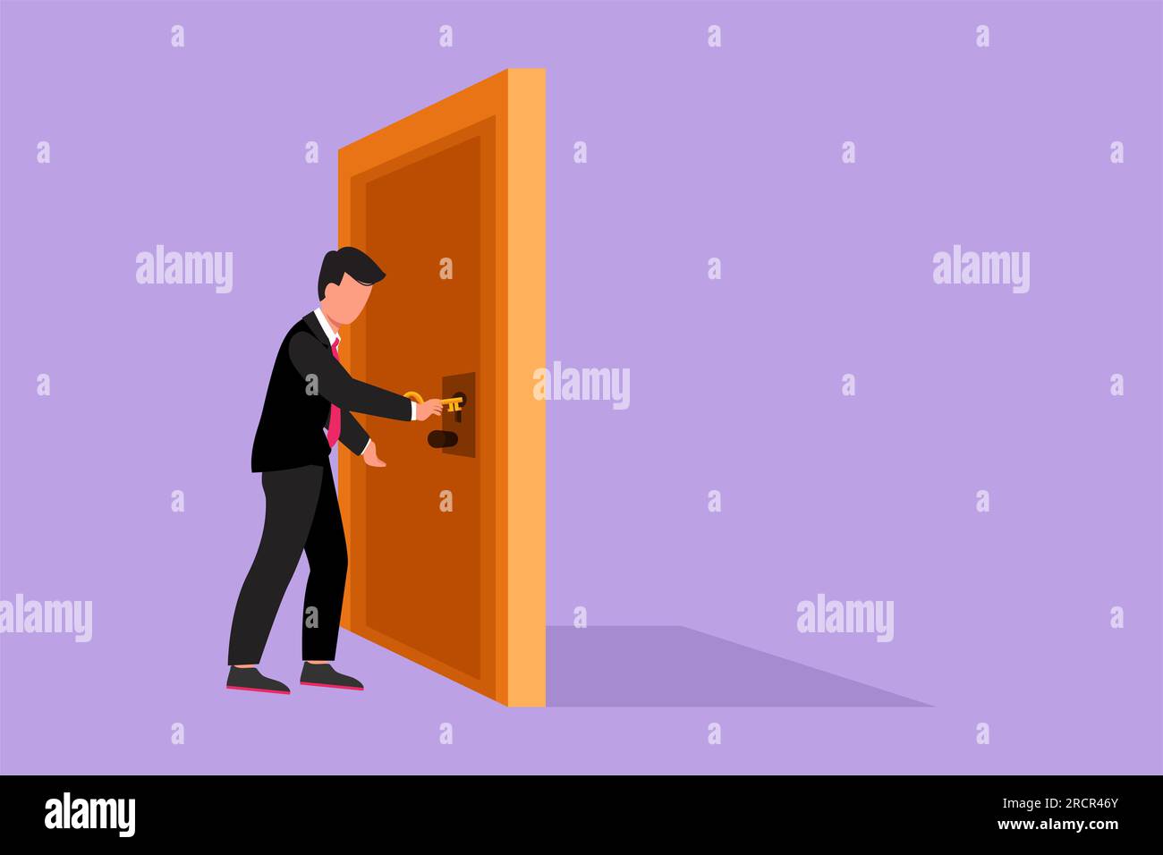 Graphic flat design drawing businessman inserts key into keyhole which ...