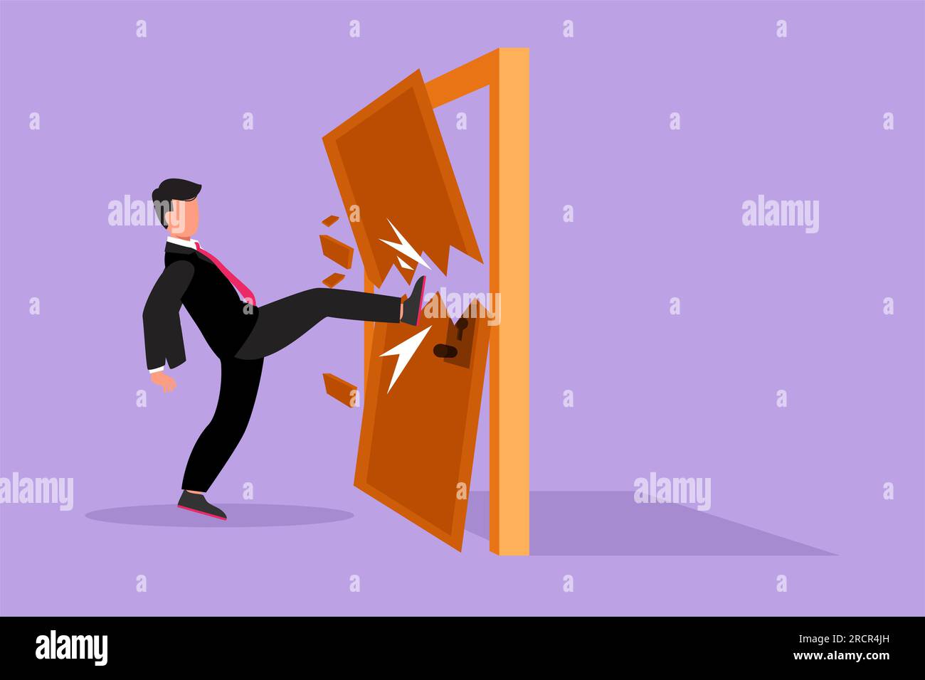 Graphic flat design drawing of young businessman kicks the door until ...